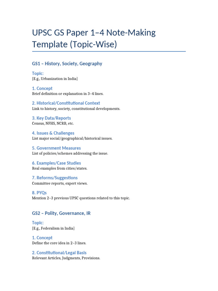 UPSC GS Paper 1 To 4 Note Template | PDF