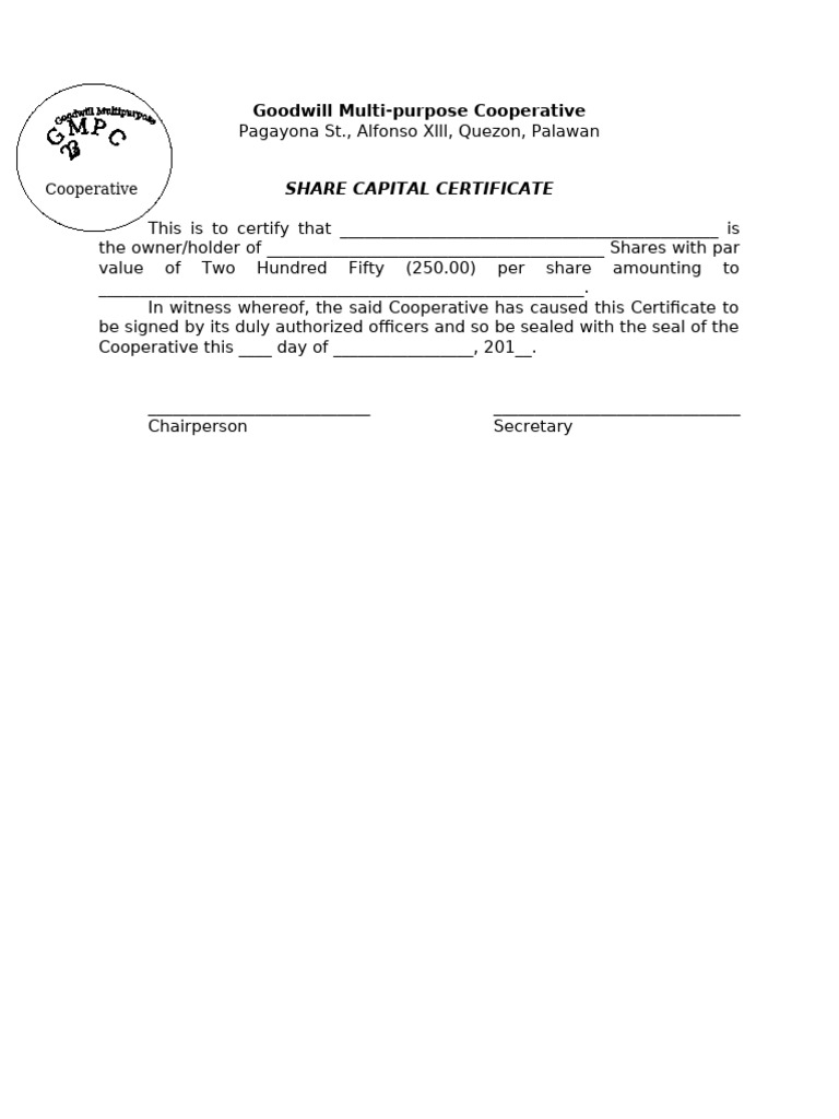 Cooperative Share Capital Certificate | PDF