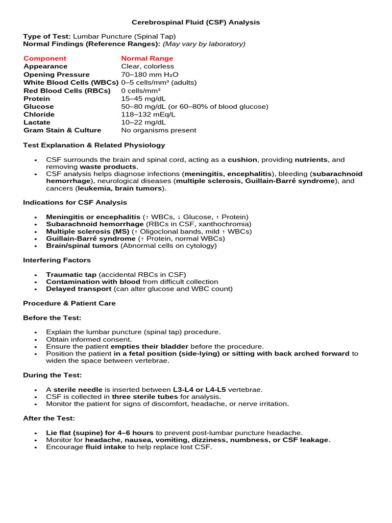 Cerebrospinal Fluid Analysis | PDF