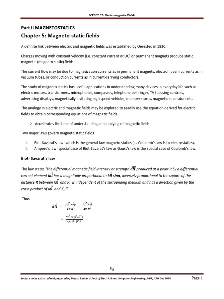 CH 5 Magnetostatic Fields FWD Stds 30dec24 | PDF | Magnetic Field | Electric Current