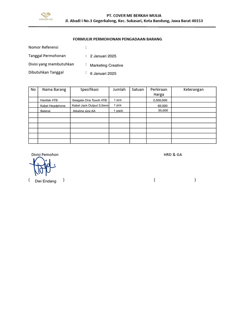 Formulir Permohonan Pengadaan Barang | PDF