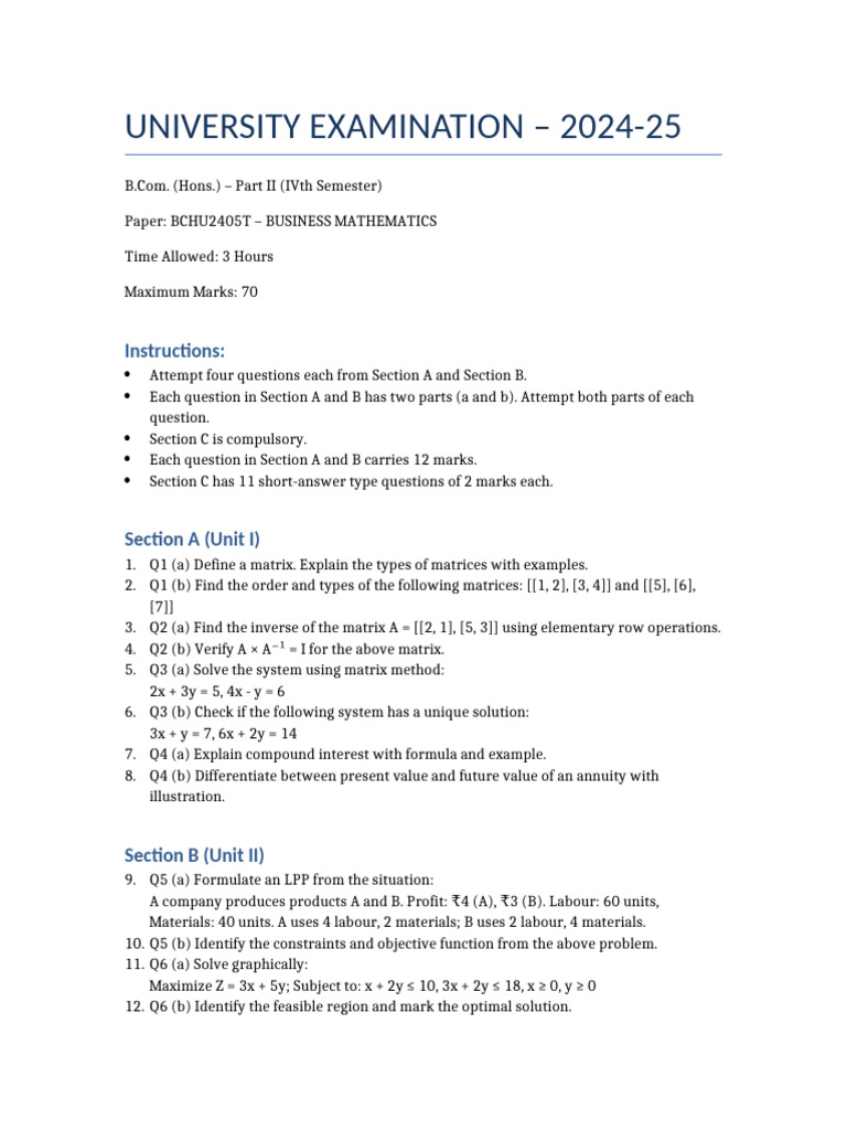 B.Com 1st Year Business Mathematics Exam 2024 | PDF