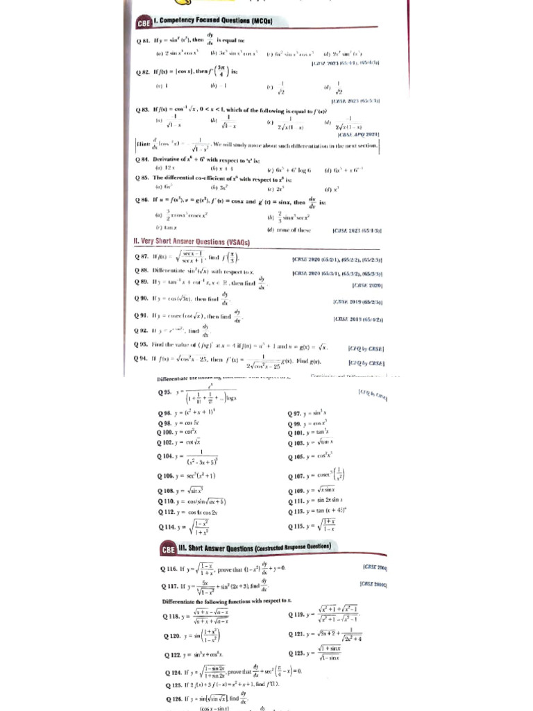 Class XII Differentiation Assignment 1 25-26 | PDF