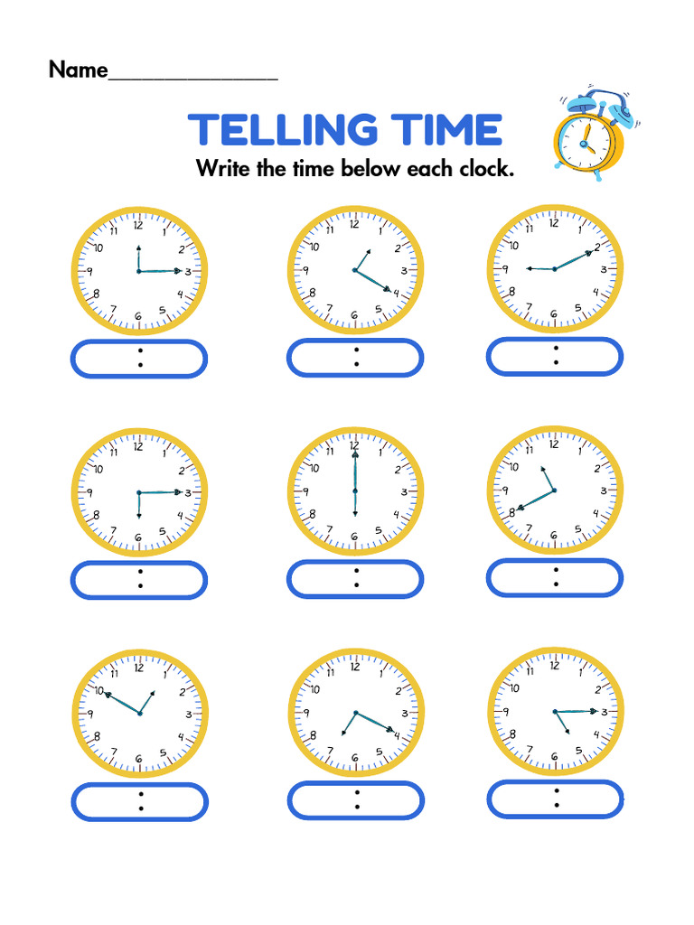 Telling Time Clocks Math Worksheet in Blue and Yellow Simple Style | PDF