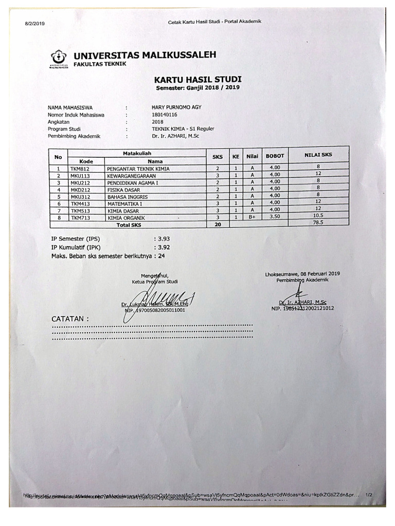 Kartu Hasil Studi | PDF
