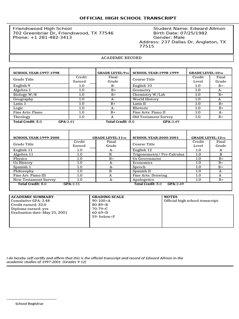 Friendswood High School Transcript | PDF