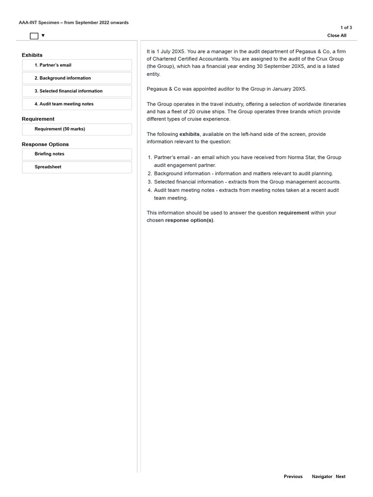 AAA-INT Audit Specimen Overview | PDF | Audit | Auditor's Report