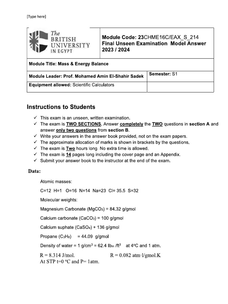 Final Exam Model Answer Mass Balance On Elearning 23-24 | PDF