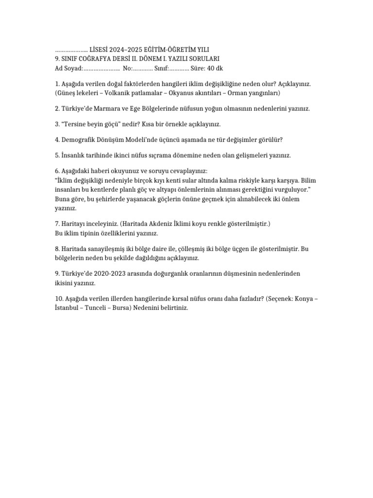 Cografya 9 Sinif 2 Donem 1 Yazili Ekli | PDF