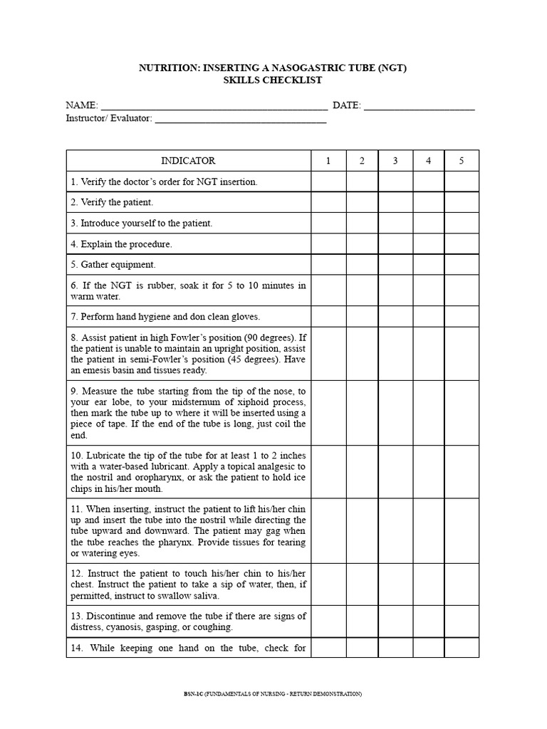 NGT Insertion and Feeding Skills Checklist | PDF | Clinical Medicine ...