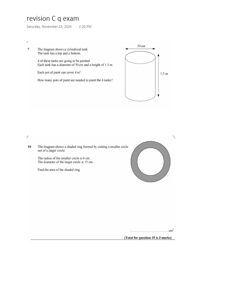 cylinder-surface area-practice test C | PDF