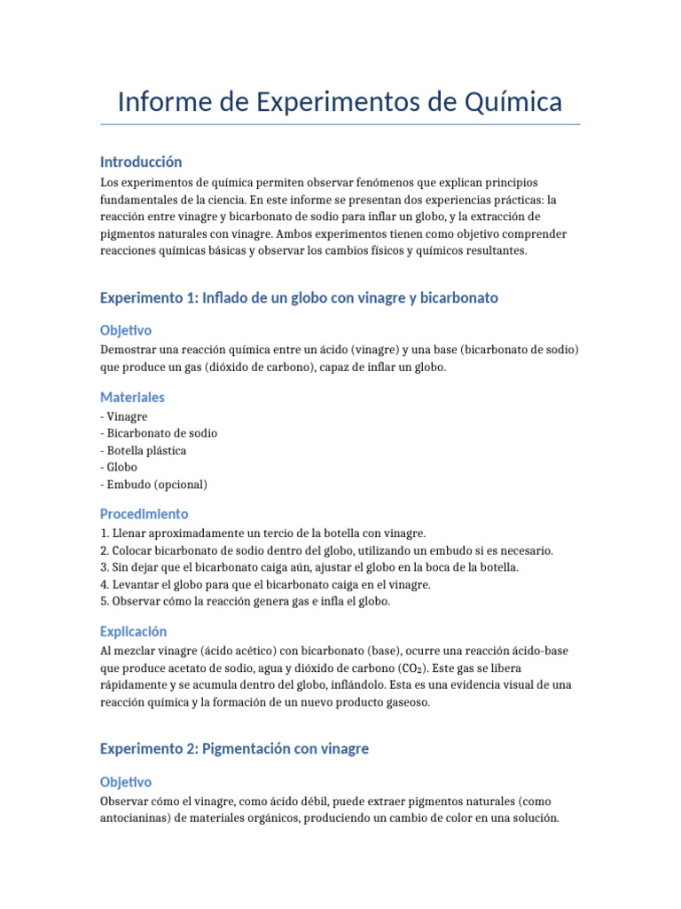 Informe Quimica Dos Experimentos COMPLETO | PDF | Bicarbonato de sodio | Vinagre