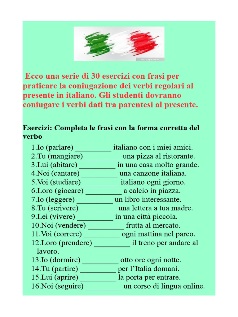 Esercizi Con Verbi Da Coniugare Al Presente 2 | PDF