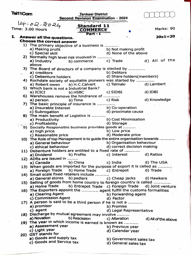 11th Commerce EM 2nd Revision Exam 2024 Question Paper Thenkasi District English Medium PDF ...