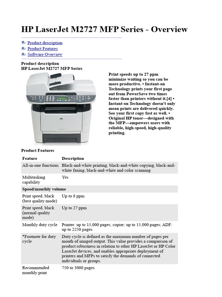 HP LaserJet M2727 MFP Series - Overview | PDF | Image Scanner | Fax
