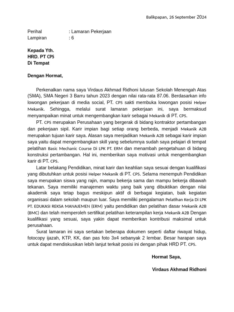 Surat Lamaran Pekerjaan_Virdaus Akhmad Ridhoni - Copy-1 | PDF