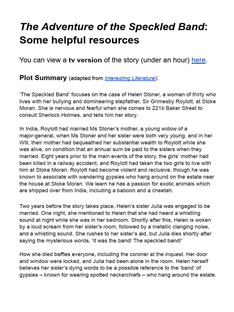 3.2a Plot Summary of The Adventure of The Speckled Band | PDF | The ...