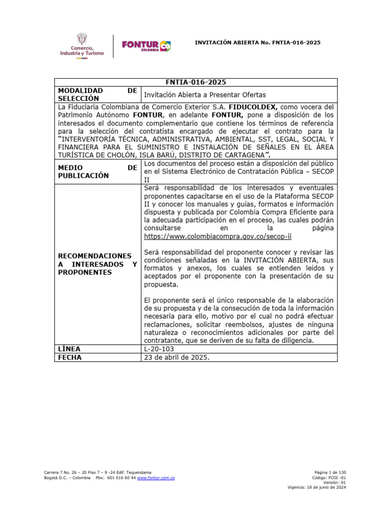 Documento Complementario Fntia-016-2024 Interventoria Cholon | PDF | Turismo | Colombia