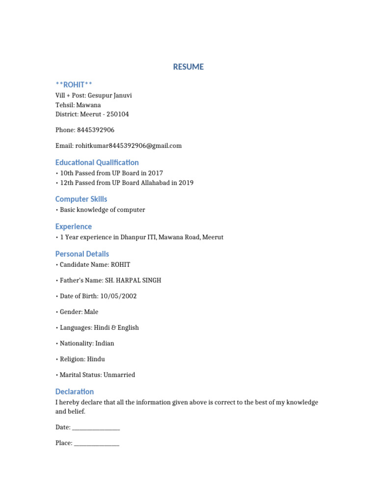 Rohit Resume Simple Format | PDF