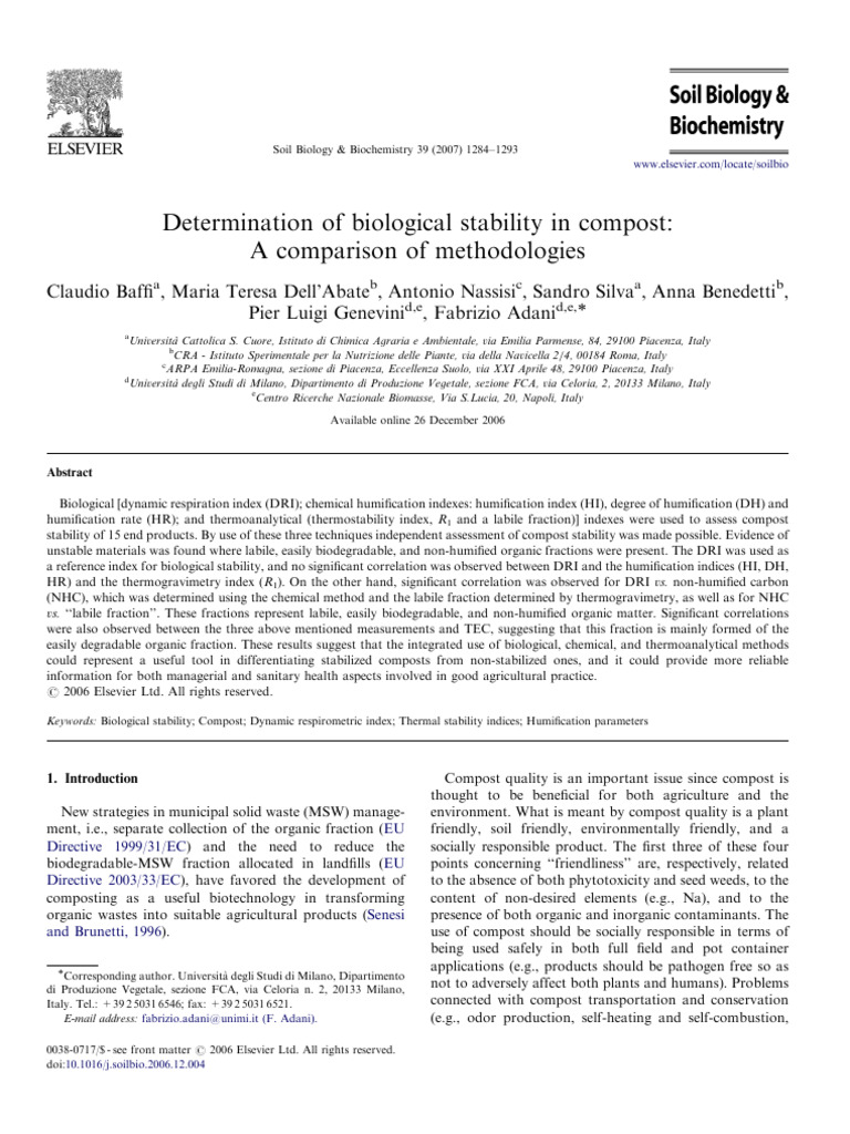 Determination of Biological Stability in Compost A Comparison of Methodologies | PDF ...
