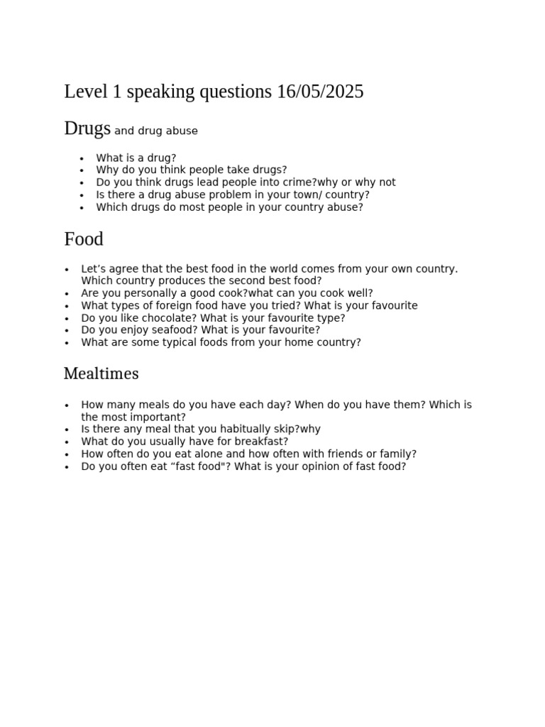 Level 1 Speaking Questions 05 | PDF
