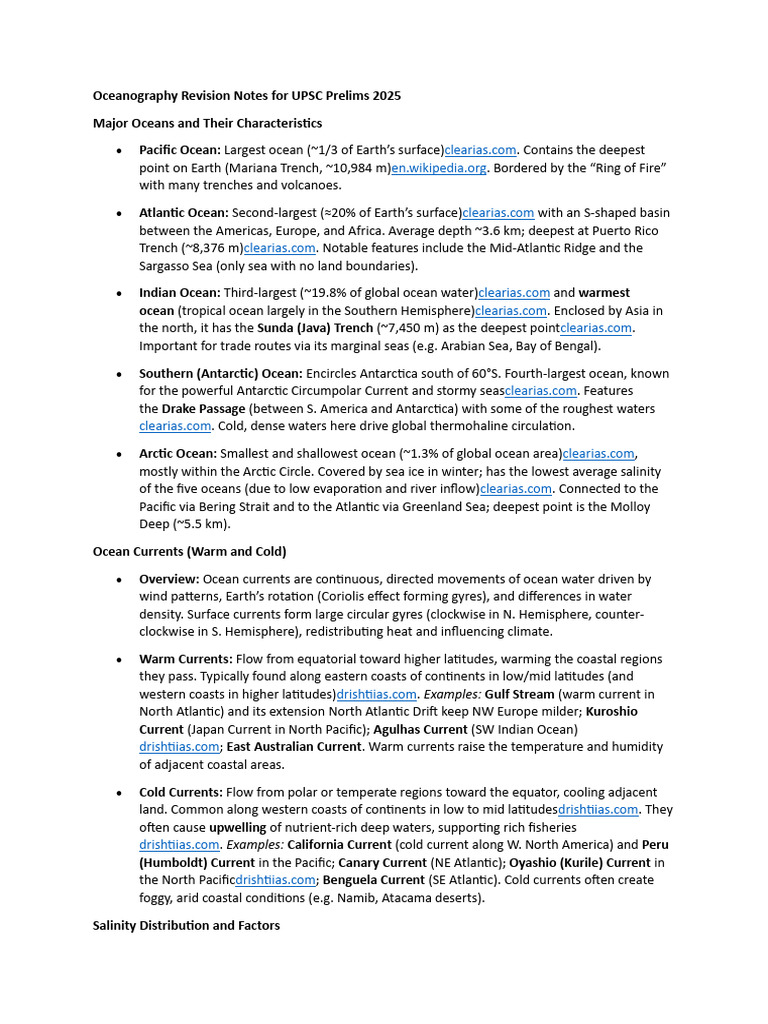 Oceanography Revision Notes For UPSC Prelims 2025 | PDF | Oceans | Sea