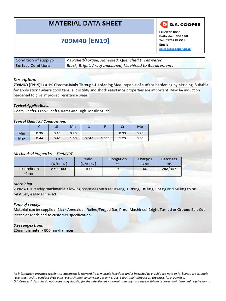 709M40 EN19 Product Datasheet | PDF | Machining | Physical Sciences