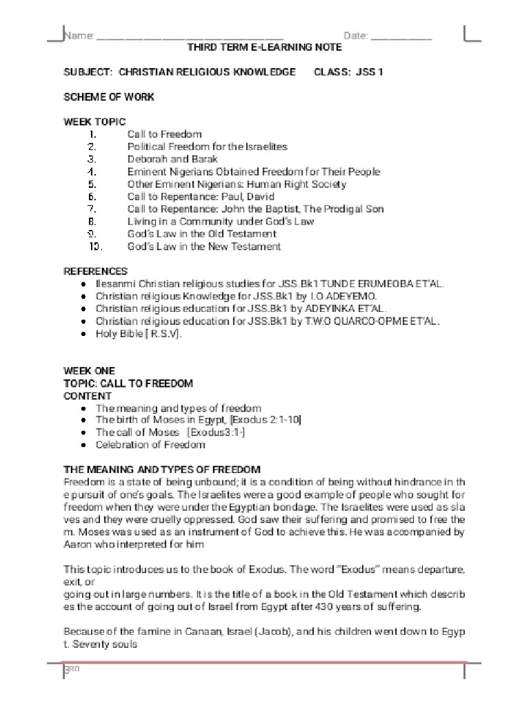 3rd Term Ub1 Christian Religious Studies | PDF