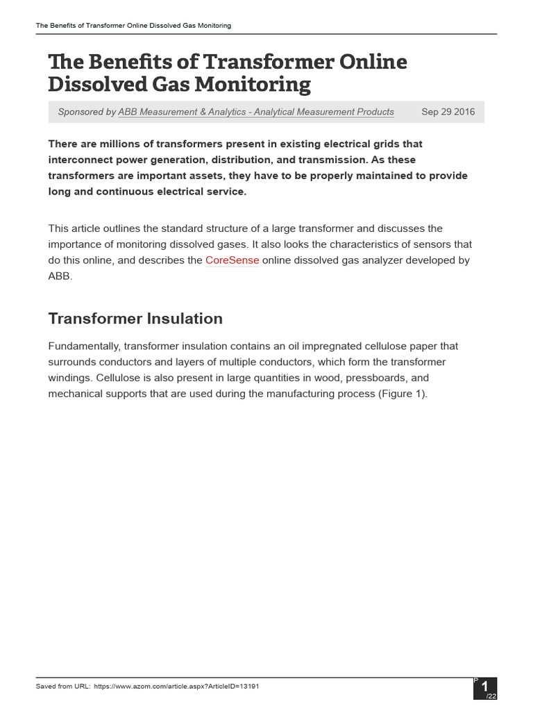 The Benefits of Transformer Online Dissolved Gas Monitoring | PDF ...