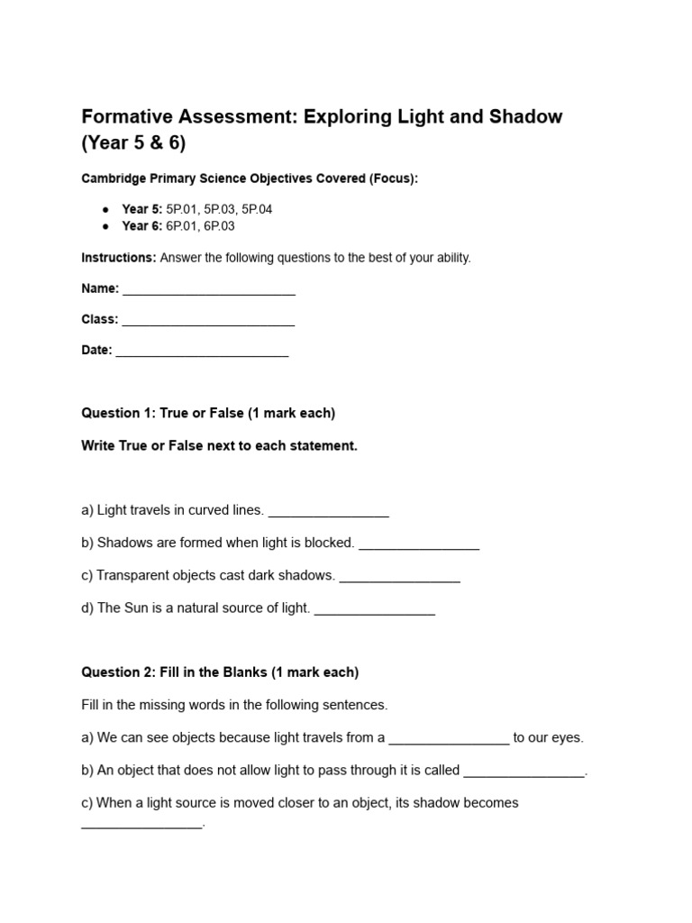 Light and Shadow Assessment for Year 5-6 | PDF