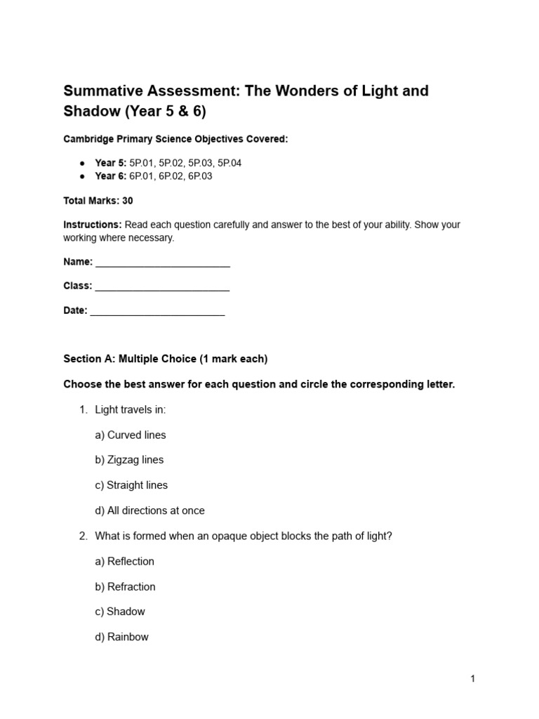 Summative Assessment On Light and Shadow | PDF | Shadow | Light