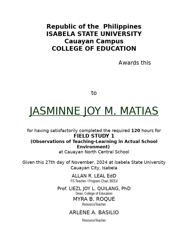Field Study 1 Completion Certificates | PDF
