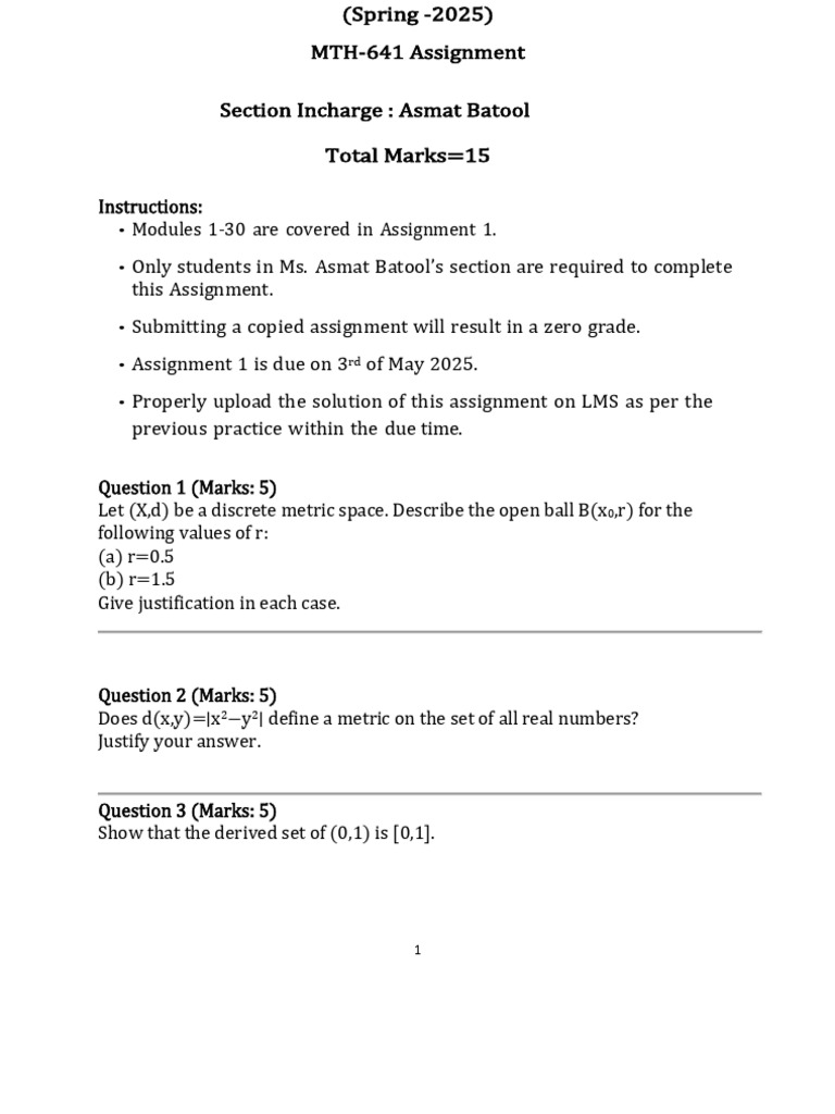 Assignment - MTH641 - Spring 2025 (Section Incharge-Asmat Batool) | PDF