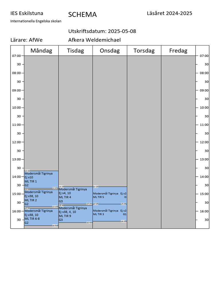 Schema: Måndag Tisdag Onsdag Torsdag Fredag | PDF