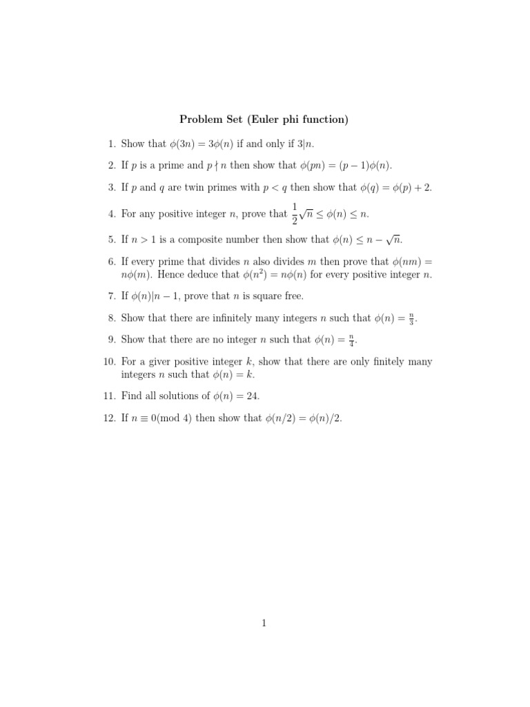 Euler Phi Function Problem Set | PDF