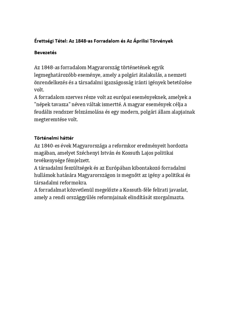 1848 Forradalom És Aprilisi Törvenyek Erettsegi T | PDF