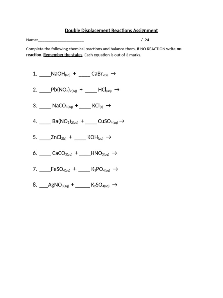 Double Displacement Reactions Assignment | PDF