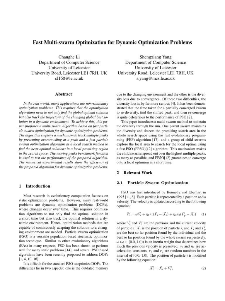 Fast Multi-Swarm Optimization For Dynamic Optimization Problems | PDF | Mathematical ...