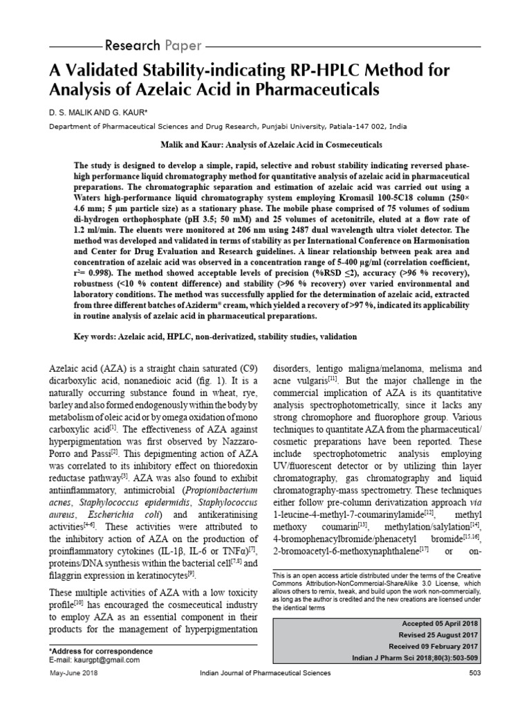 Azelaic Acid Quantification in HPLC | PDF | High Performance Liquid ...