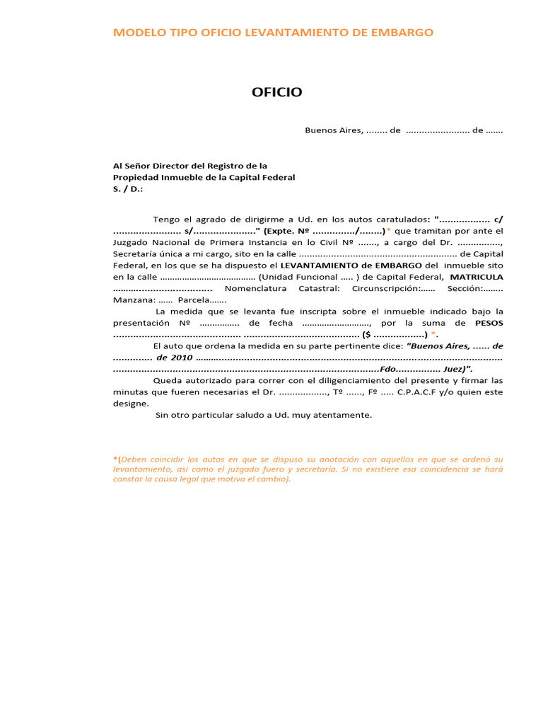 Modelo Oficio Levantamiento de Embargo | PDF