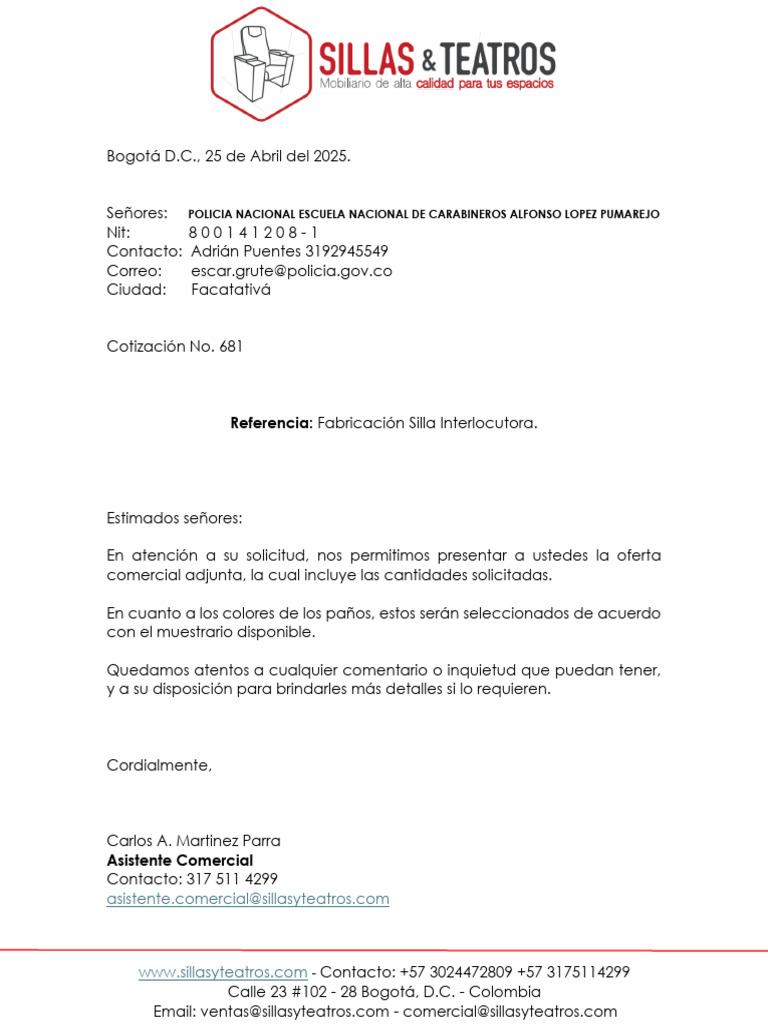 681 Cotización Silla Kannisa Con Brazos & Raqueta - Policia Nacional Escuela Nacional de ...
