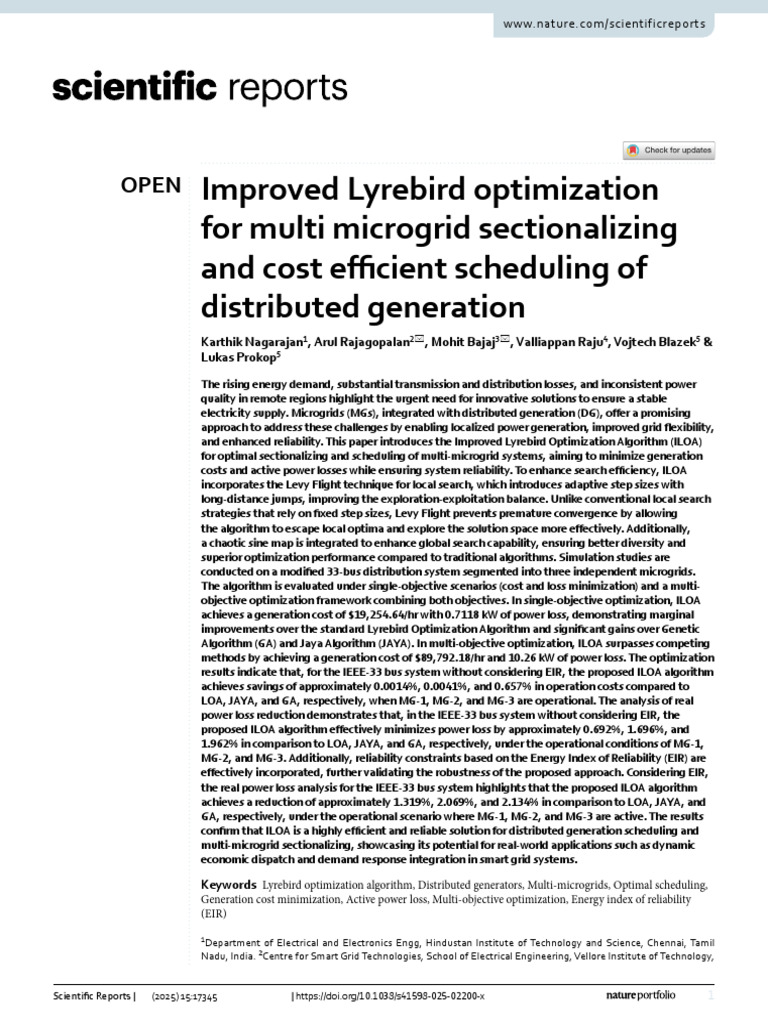 Improved Lyrebird Optimization For Multi Microgrid Sectionalizing Distributed Generation | PDF ...