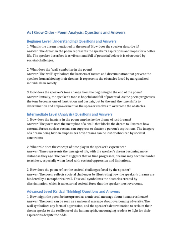 Poem Analysis: "As I Grow Older" Insights | PDF | Psychological ...