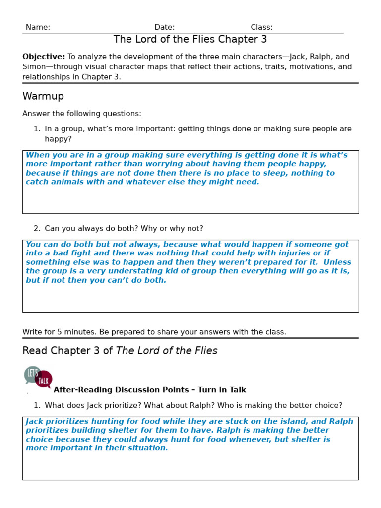 Analyzing Characters in Lord of the Flies Chapter 3 | PDF