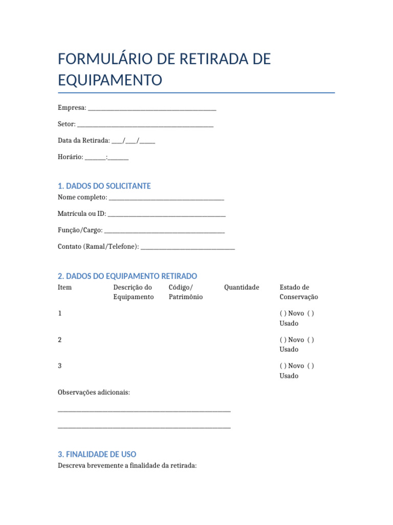 Formulário de Retirada de Equipamento | PDF