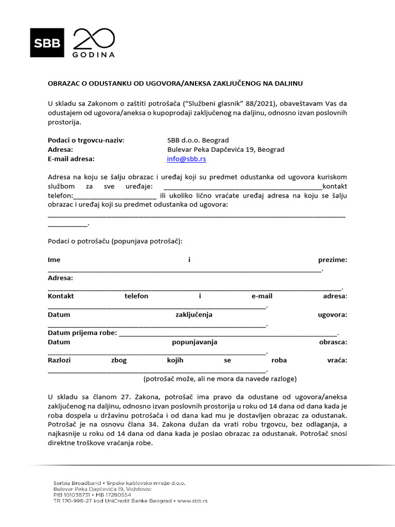 Obrazac o Odustanku Od Ugovora Na Daljinu | PDF