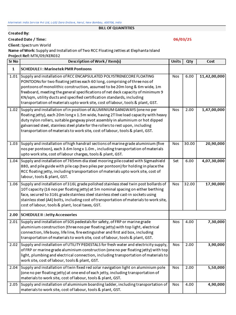 RCC Floating Jetties Installation Bill | PDF