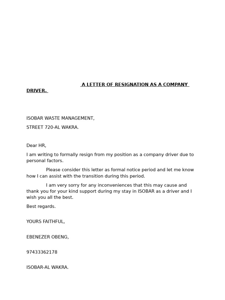 Company Driver Resignation Letter | PDF