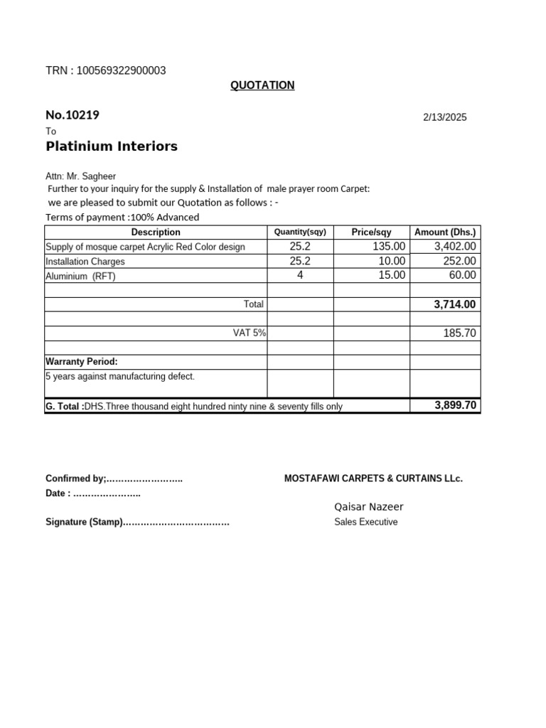 Prayer Room Carpet Quotation | PDF