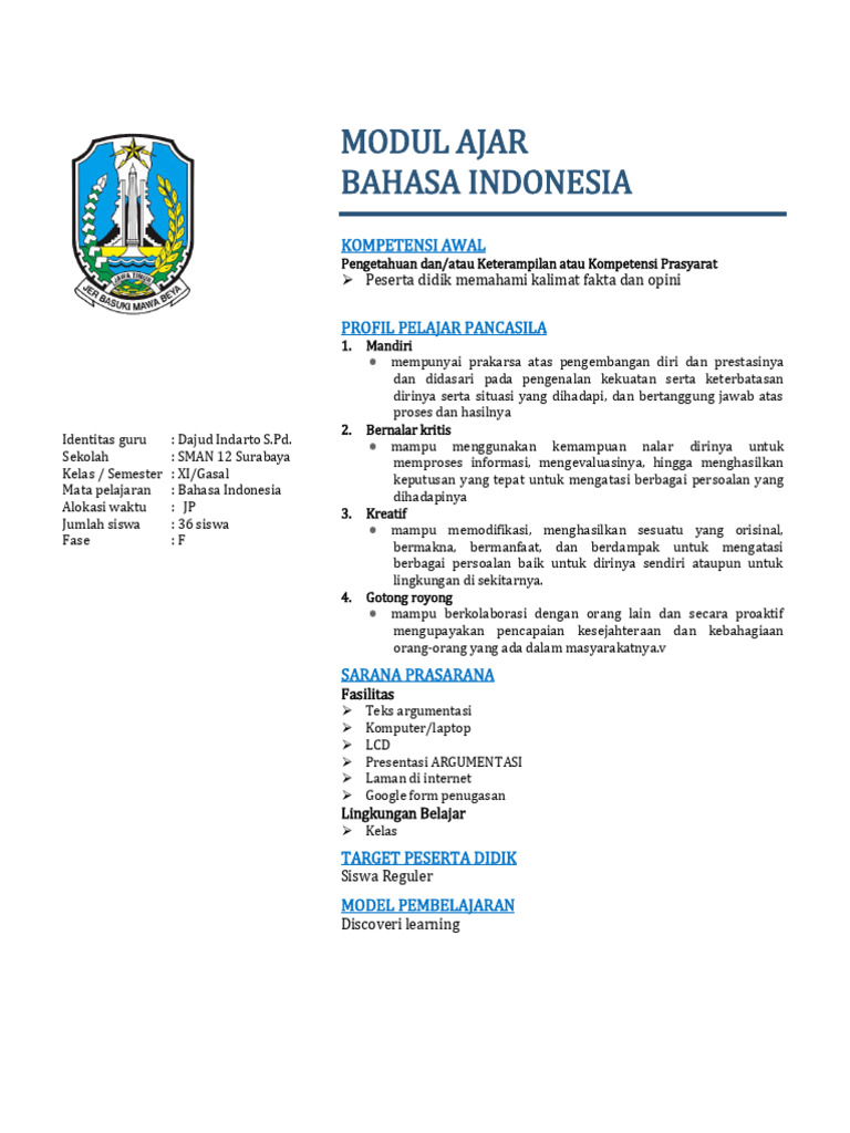 Modul Ajar Semester 1 BHS Indo Fix Upload | PDF